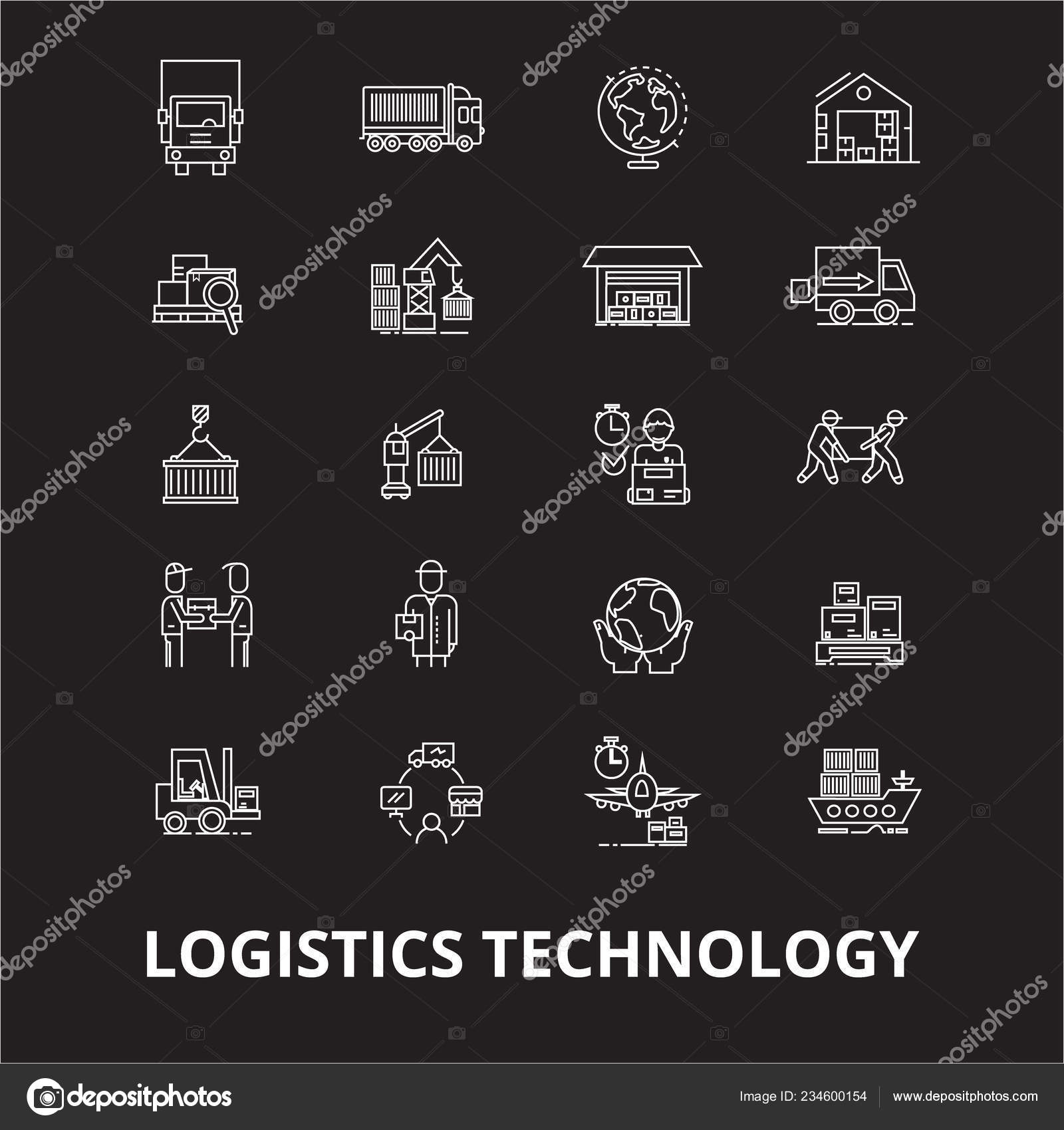 Logistics technology editable line icons vector set on black background ...