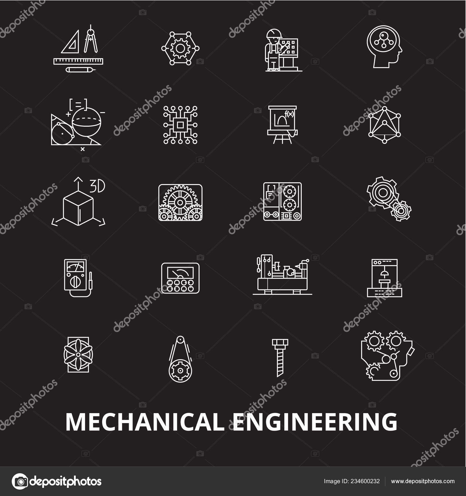 Mechanical engineering editable line icons vector set on black ...