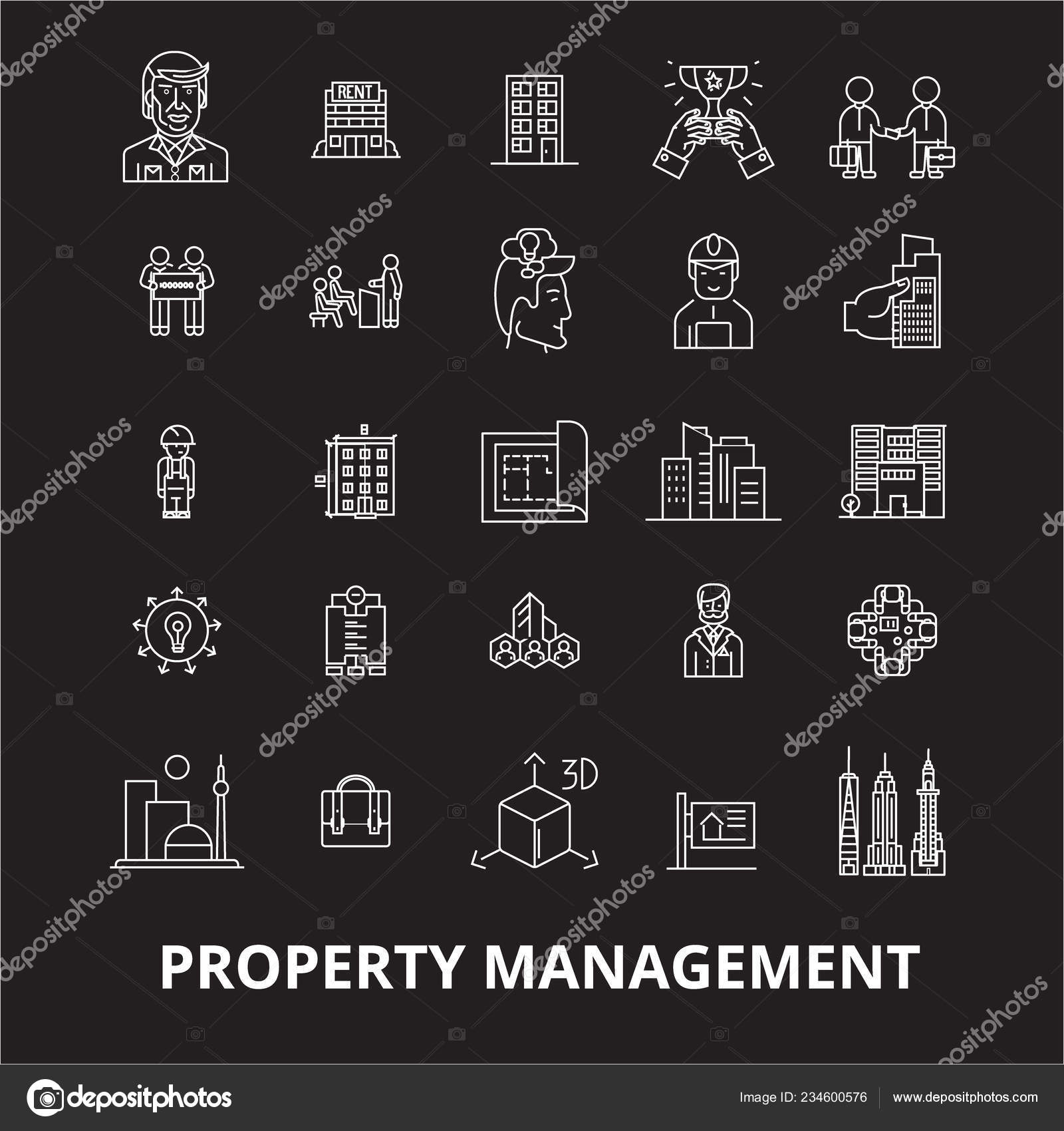 Property management editable line icons vector set on black background ...