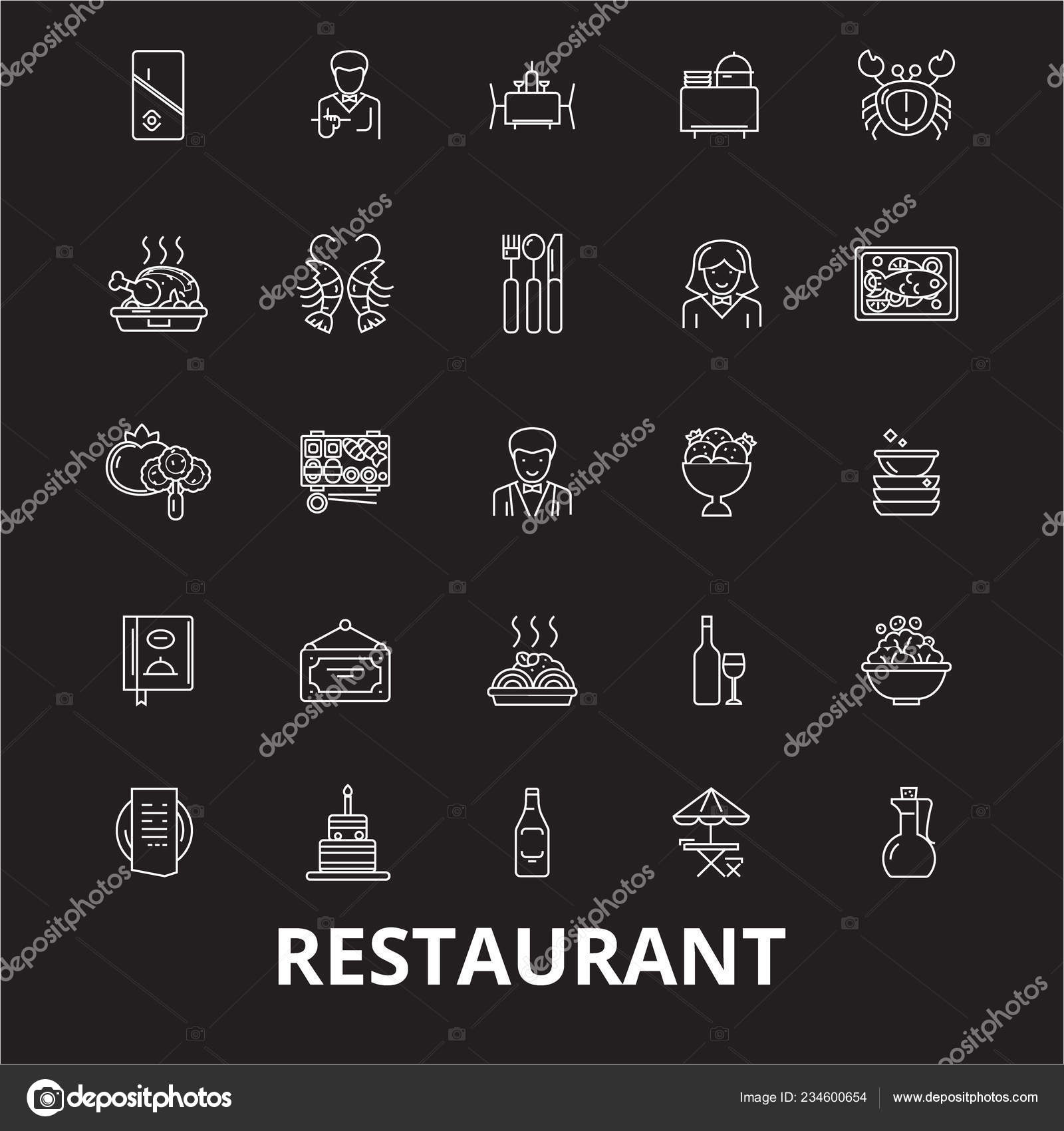 Restaurant editable line icons vector set on black background ...
