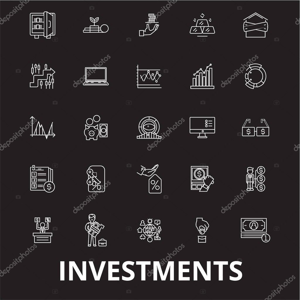 Inversión editable línea iconos vector conjunto sobre fondo negro ...