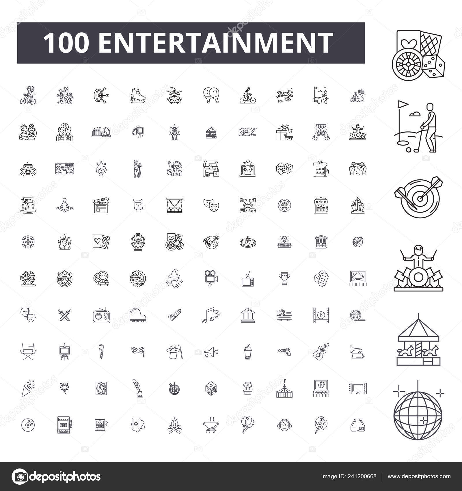 Hiburan yang dapat disunting ikon garis, 100 vektor ditetapkan, koleksi ...