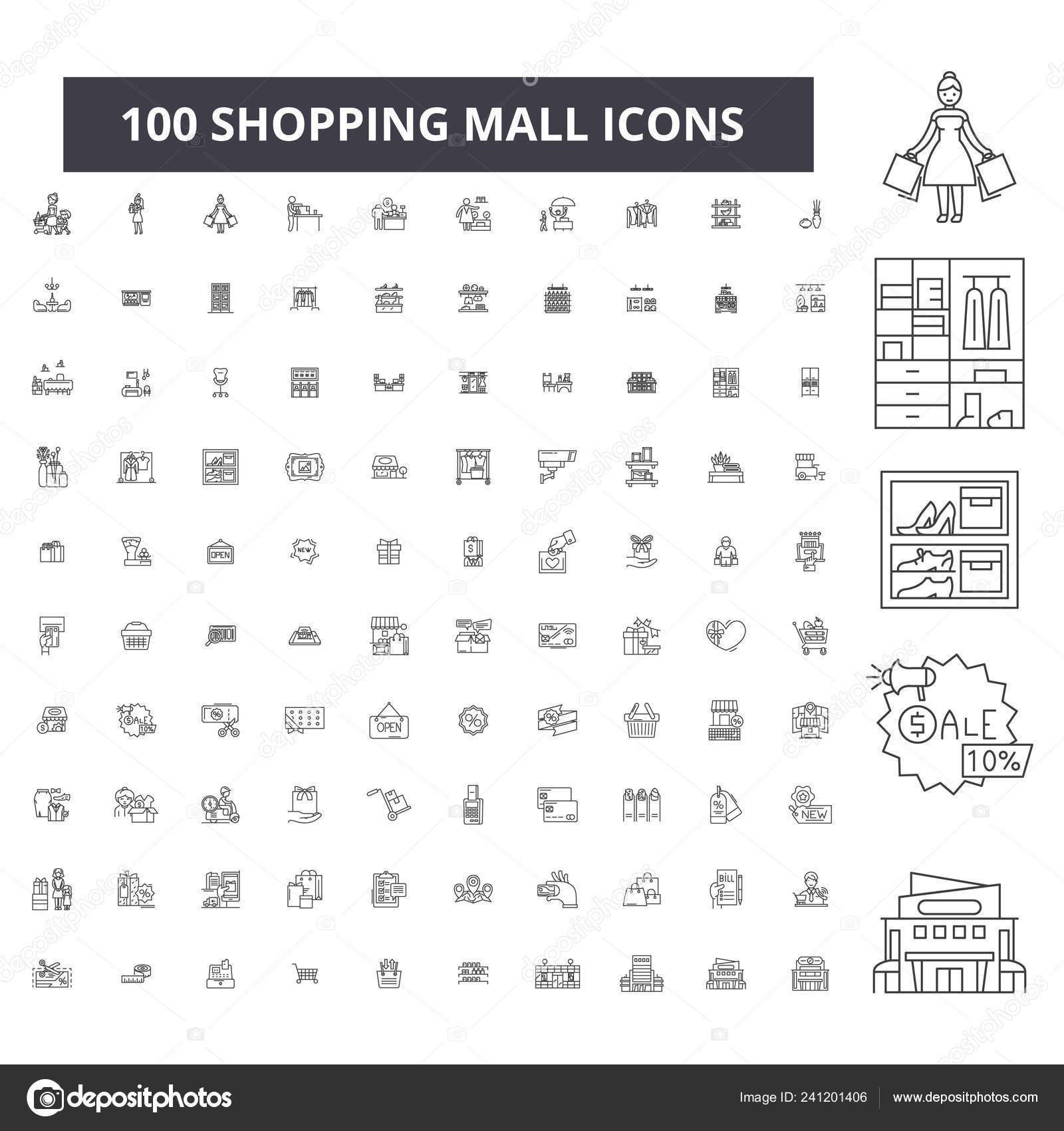 商场可编辑行图标, 100个矢量集, 收藏。购物中心黑色轮廓插图, 标志, 符号 图库矢量图©iconsgraph 241201406
