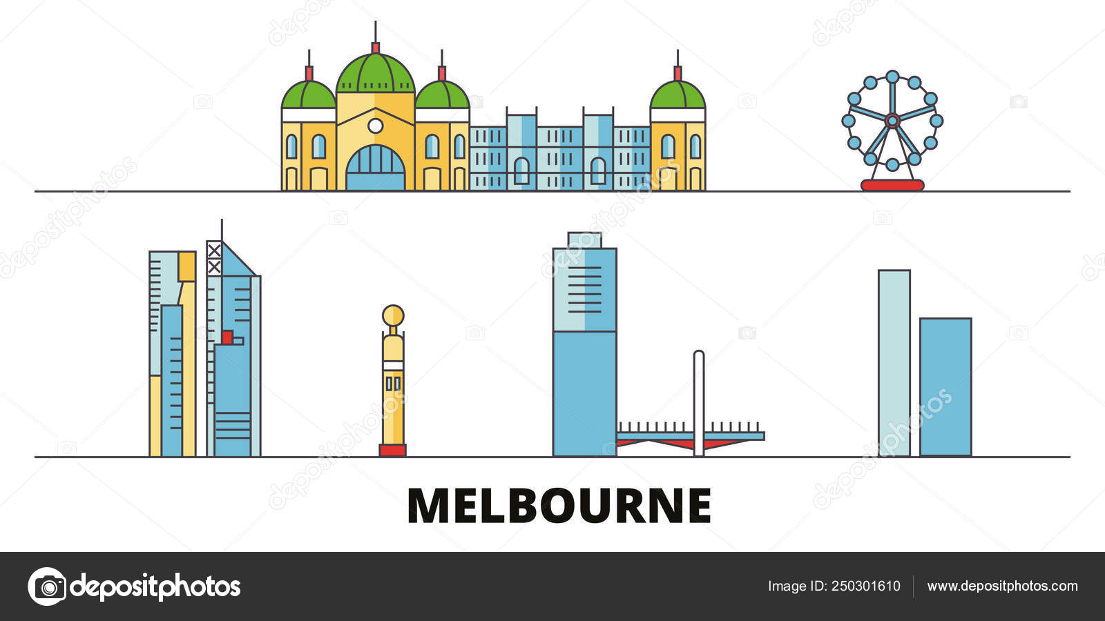 Australia, Melbourne City flat landmarks vector illustration. Australia ...