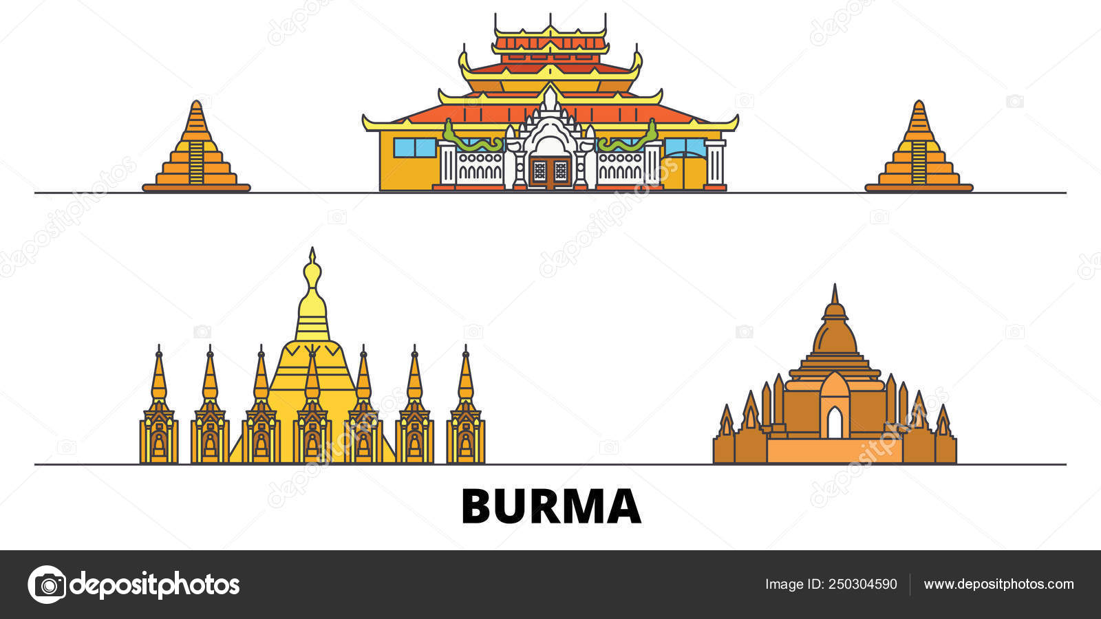 Burma flat landmarks vector illustration. Burma line city with famous ...