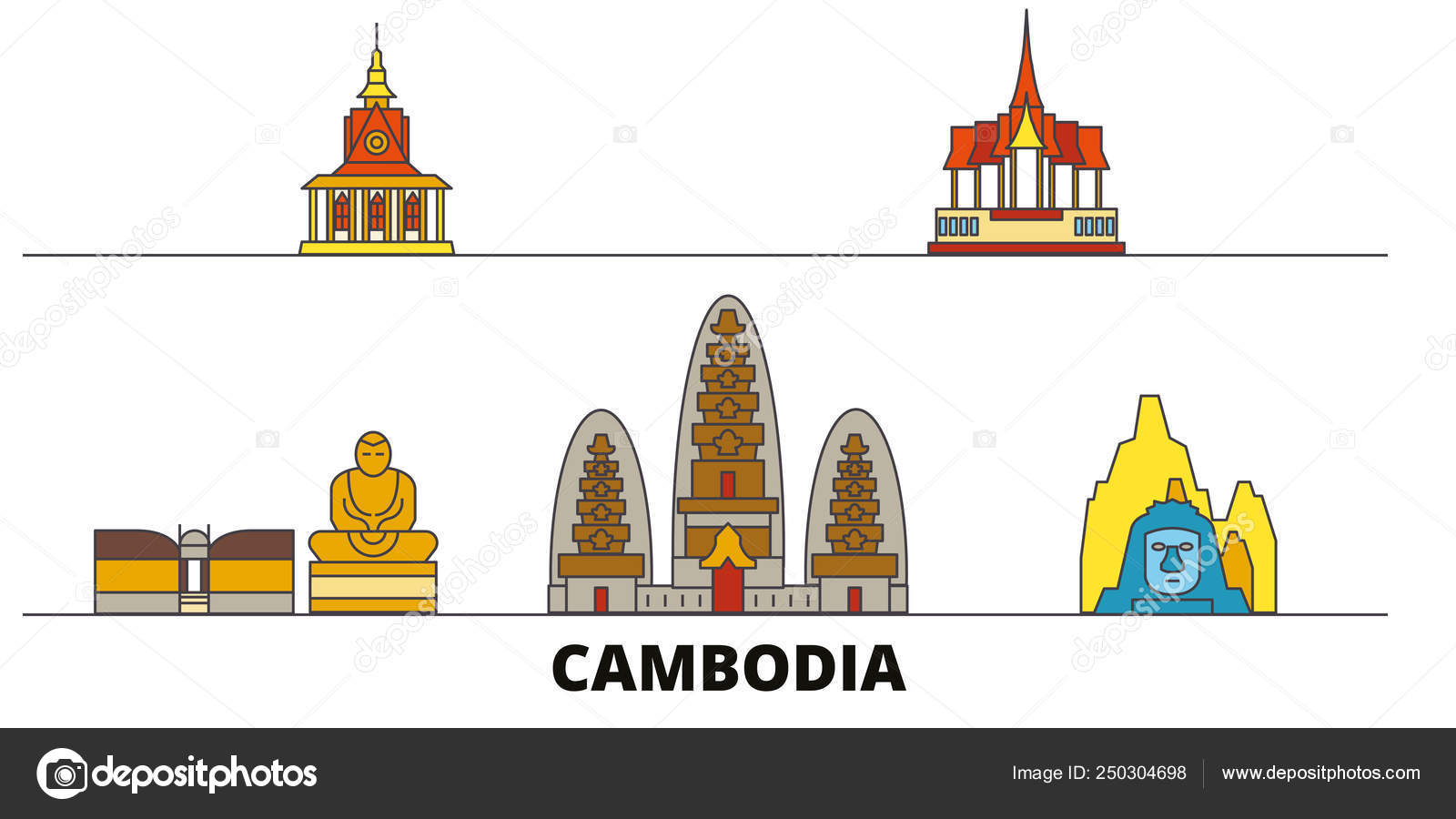 Kamboja datar markah tanah vektor ilustrasi. Kamboja garis kota dengan ...