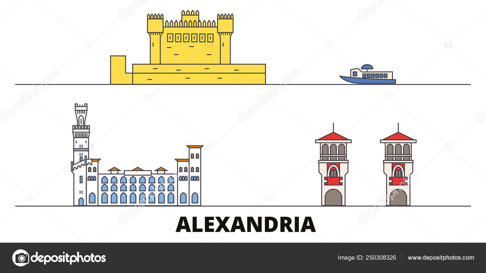 Egypt, Alexandria flat landmarks vector illustration. Egypt, Alexandria ...