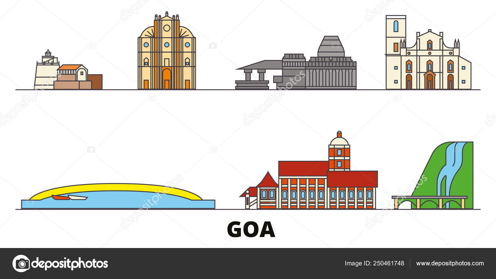 India, Goa flat landmarks vector illustration. India, Goa line city ...