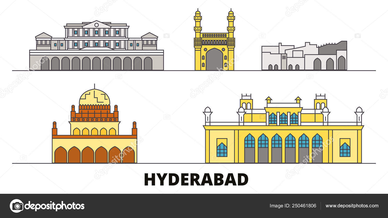 India, Hyderabad flat landmarks vector illustration. India, Hyderabad ...