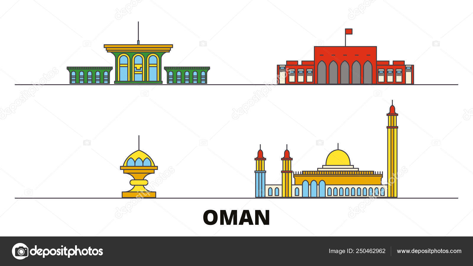 Oman, Muscat flat landmarks vector illustration. Oman, Muscat line city ...