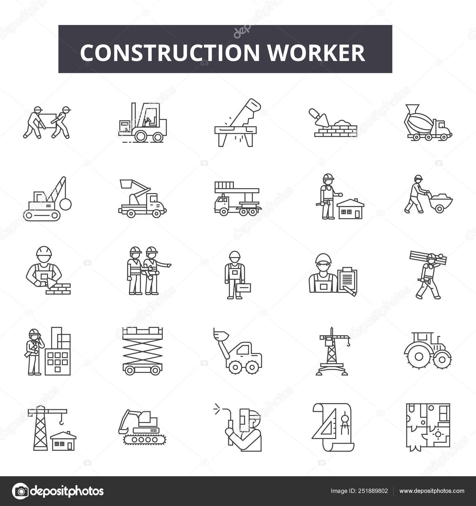 Construction worker line icons for web and mobile design. Editable ...
