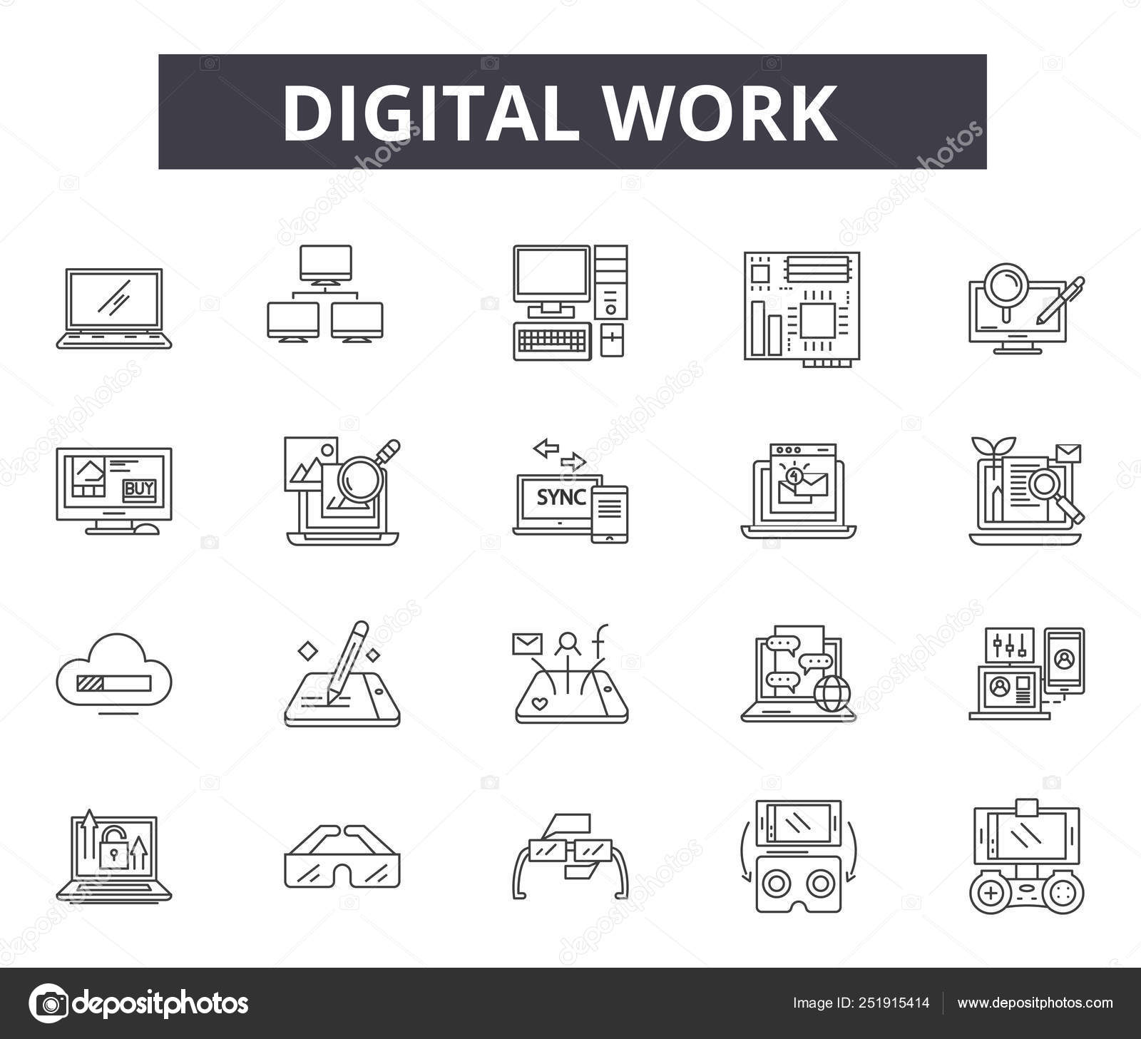 Digital work line icons for web and mobile design. Editable stroke ...