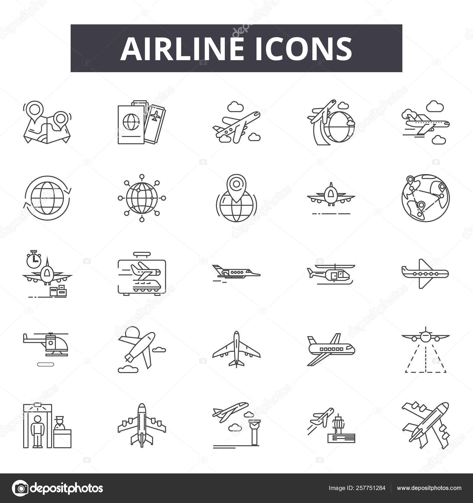 Airline line icons, signs set, vector. Airline outline concept ...