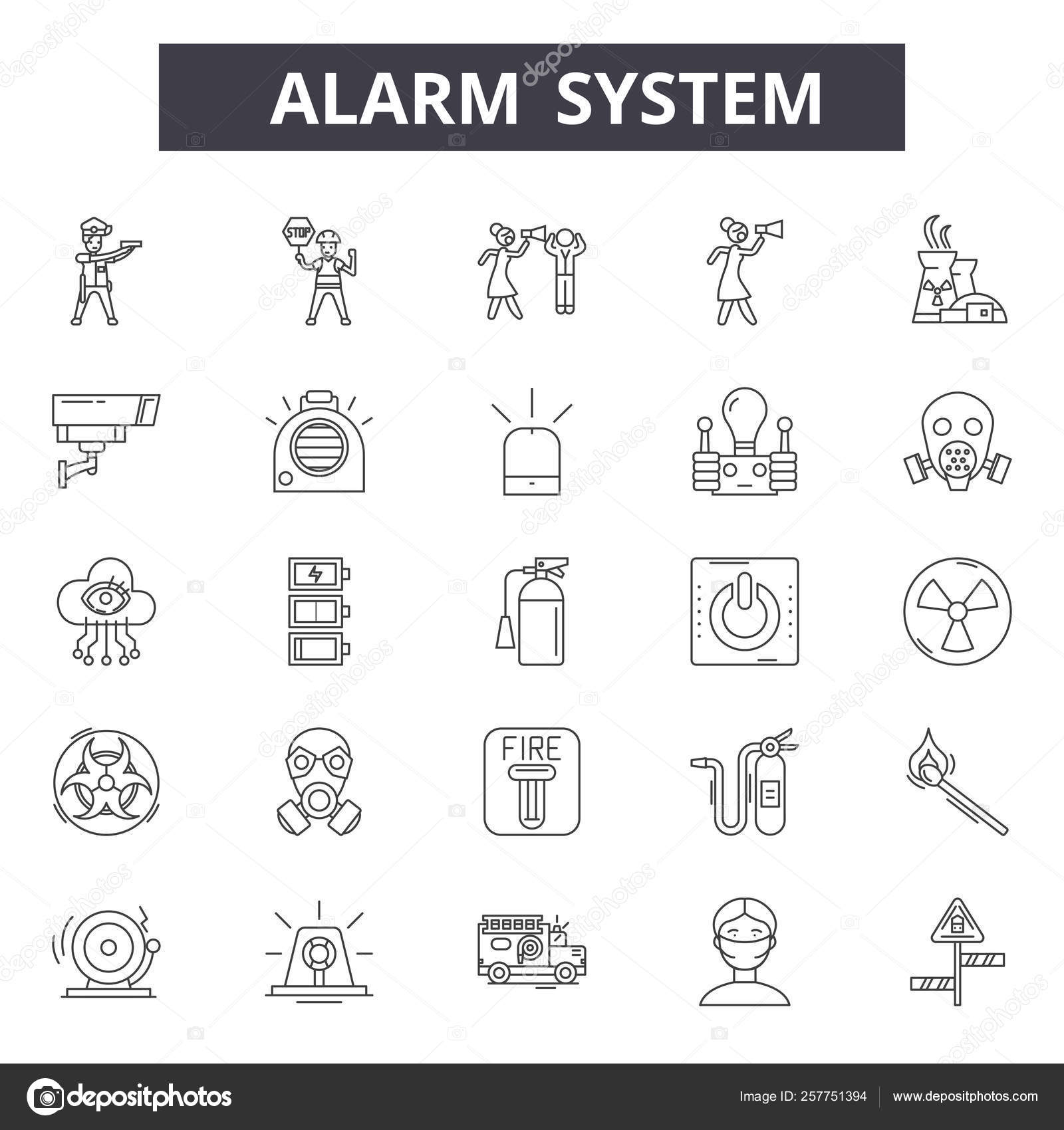 Iconos de línea del sistema de alarmas, conjunto de signos, vector ...