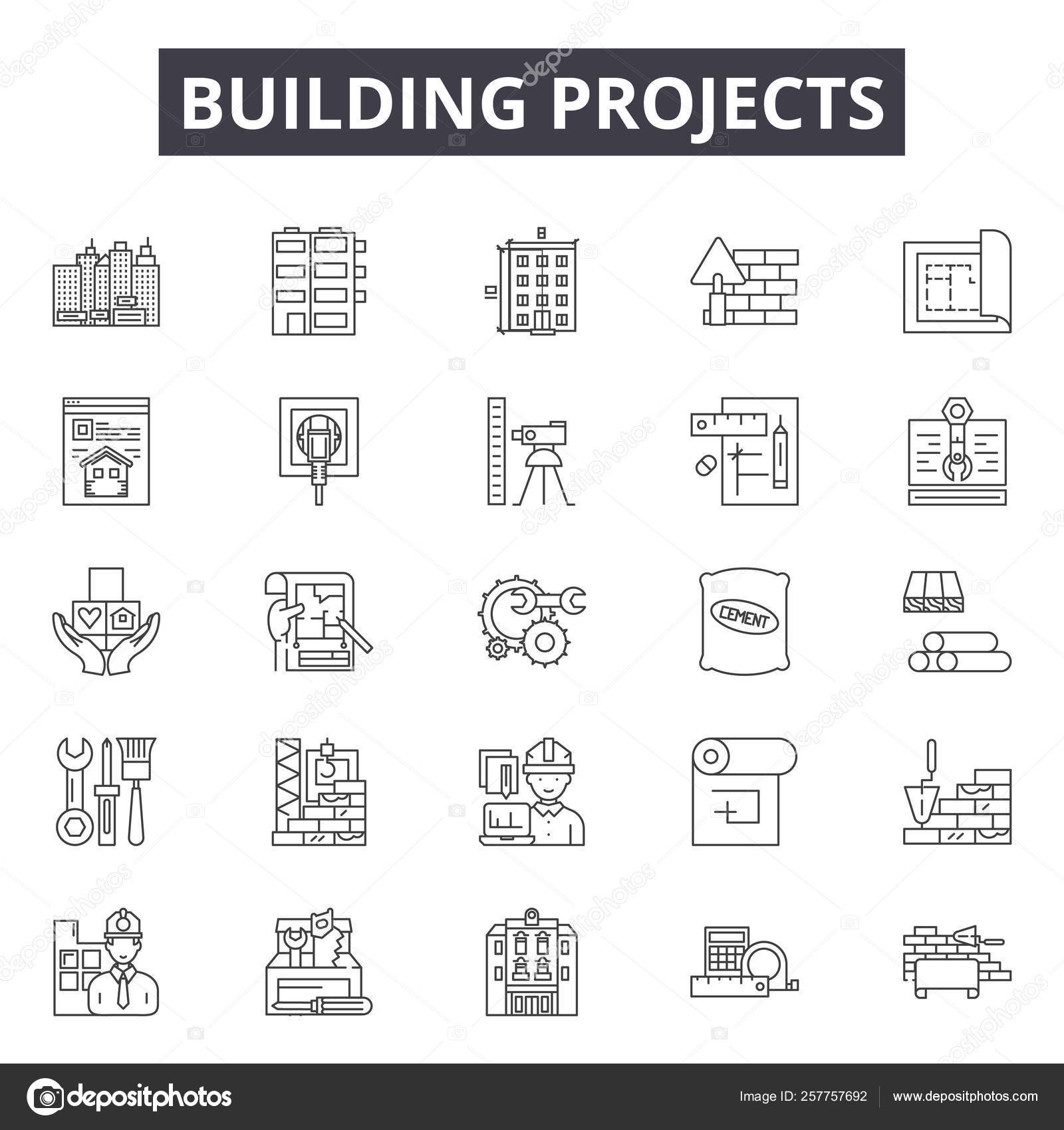 Construcción de proyectos de línea de iconos, signos de conjunto ...