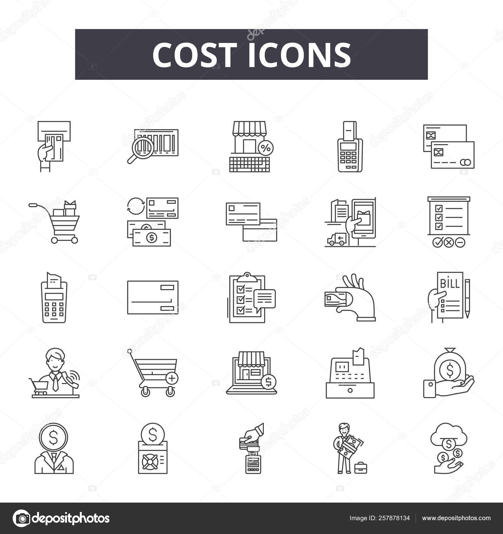 Cost 2 line icons, signs set, vector. Cost 2 outline concept ...