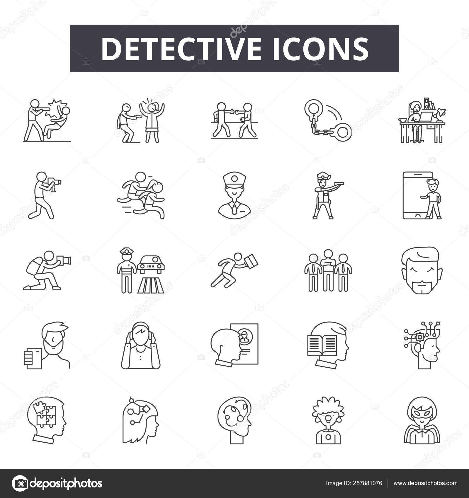 Detective line icons, signs set, vector. Detective outline concept ...