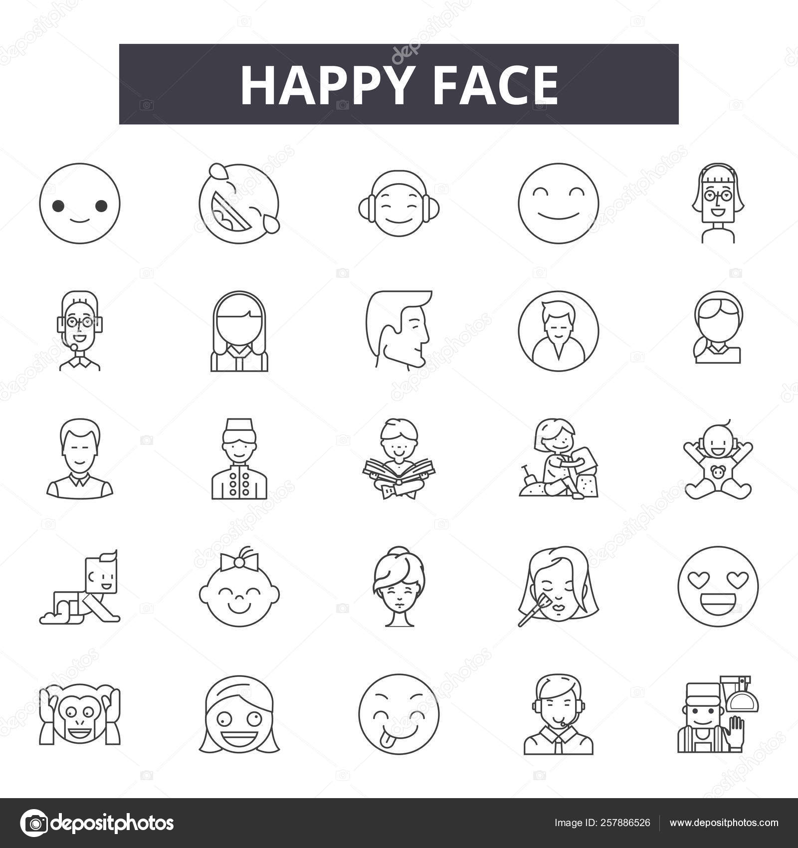 Happy face line icons, signs set, vector. Happy face outline concept ...