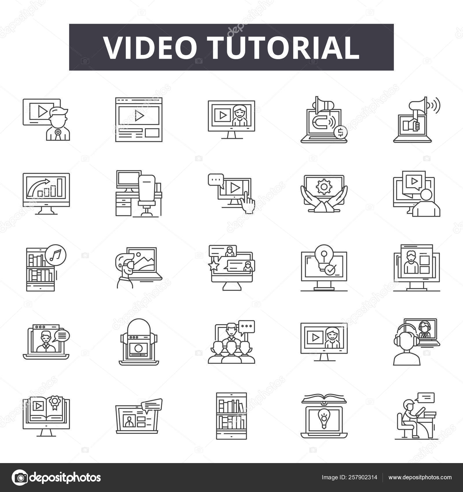 Video tutorial line icons, signs set, vector. Video tutorial outline ...