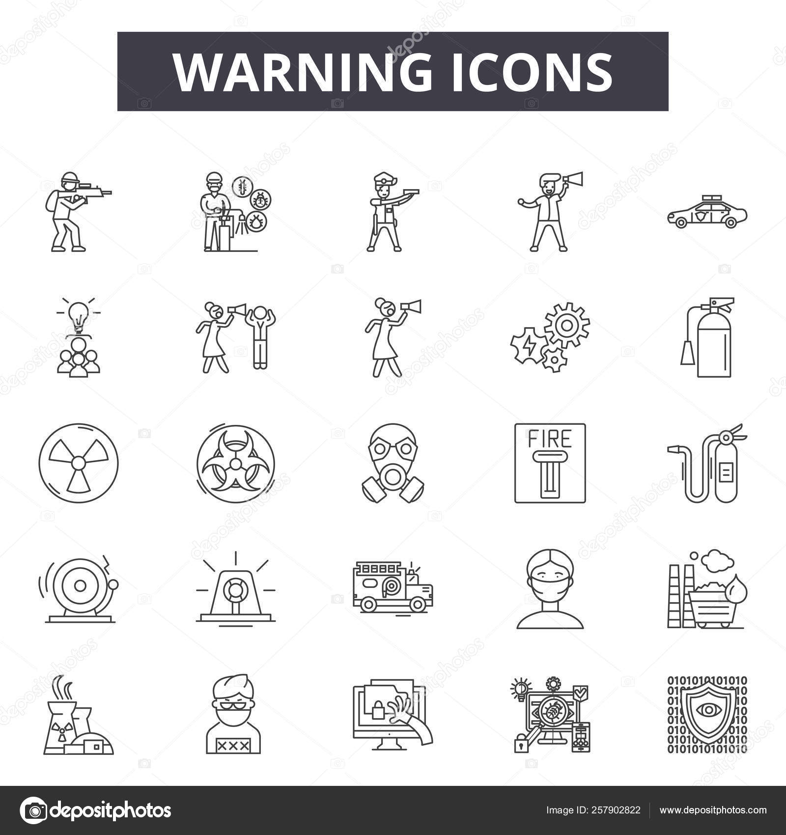 Warning line icons, signs set, vector. Warning outline concept, illustration: attention ...