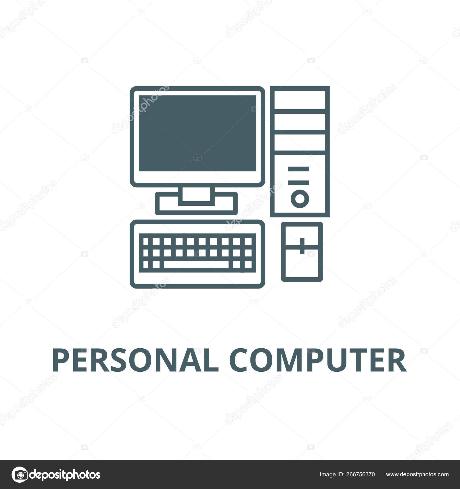 Personal computer,monitor keyboard vector line icon, linear concept ...