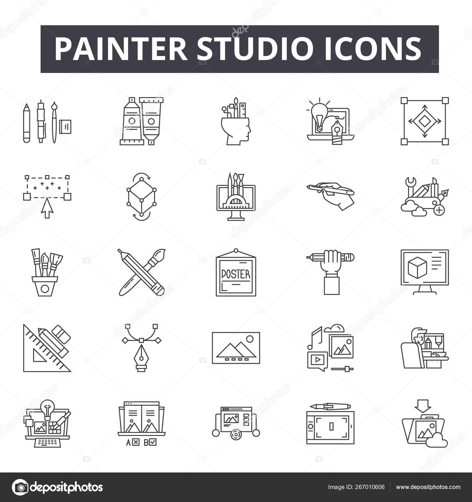 Painter studio line icons, signs, vector set, linear concept, outline ...