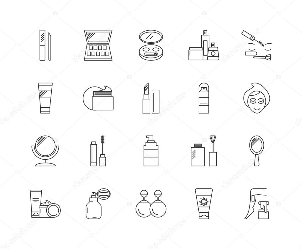 Iconos de l nea de producci n de belleza, signos, conjunto de vectores, esquema concepto de ...