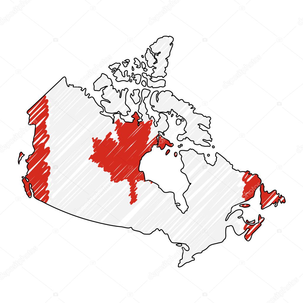 Canada map hand drawn sketch. Vector concept illustration flag, childrens drawing, scribble map ...