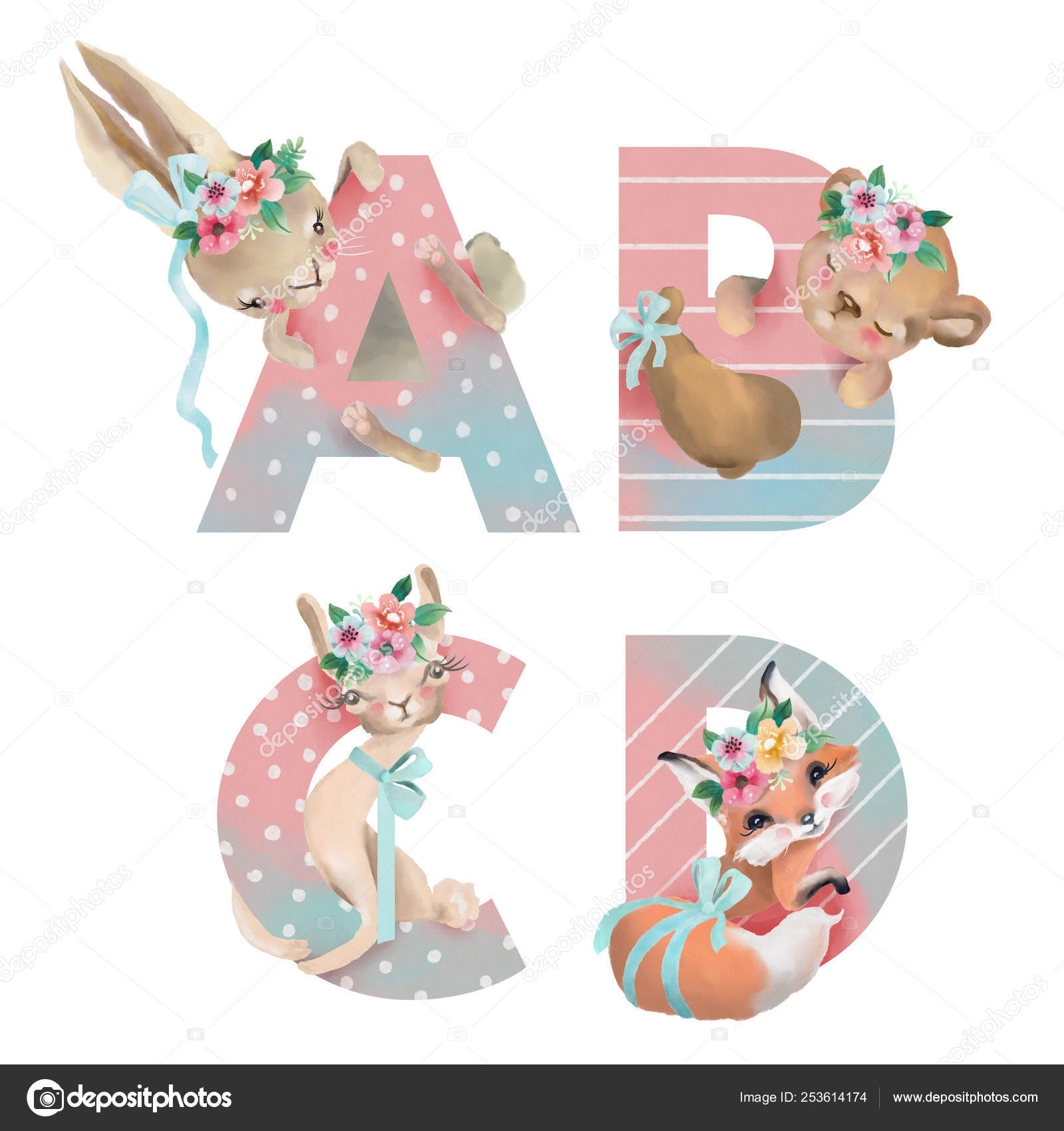 Cute Alphabet Letters Pastel Colors Fairytale Forest Animals Flowers ...