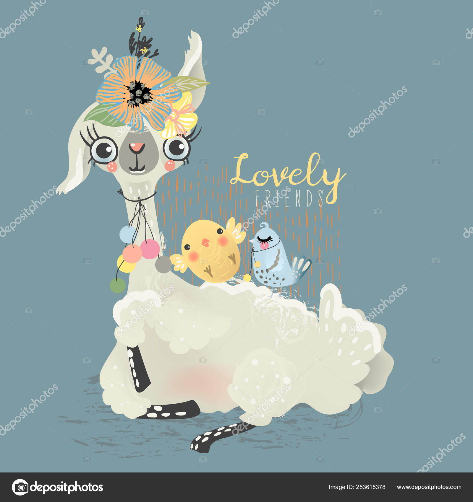 Cute Llama Birds Pom Pom Cartoon Illustration Grey Background Stock ...