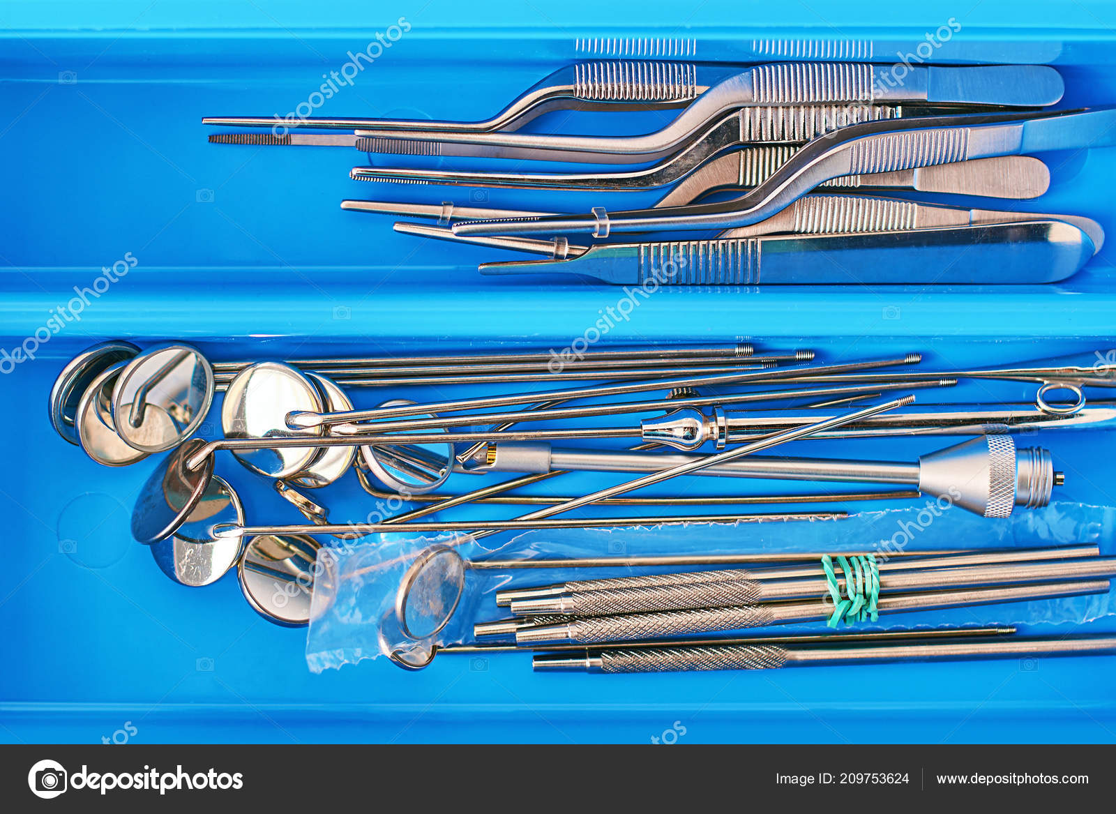 Otorhinolaryngology or ENT surgery instruments in a blue medical box ...