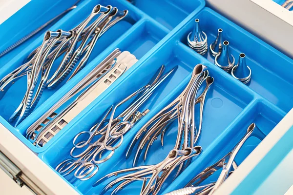 Otorhinolaryngology or ENT surgery instruments in a blue medical box ...