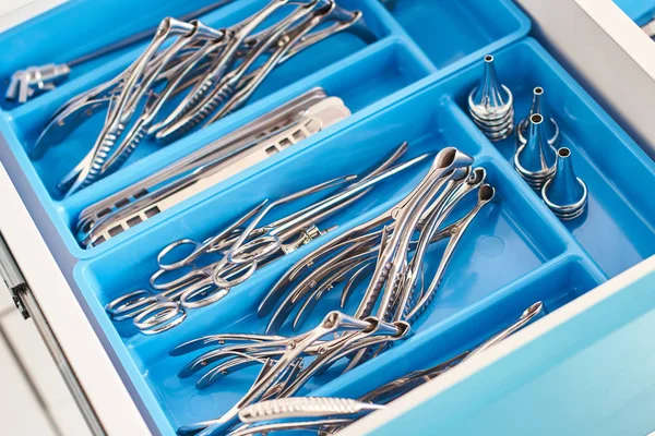 Otorhinolaryngology or ENT surgery instruments in a blue medical box ...