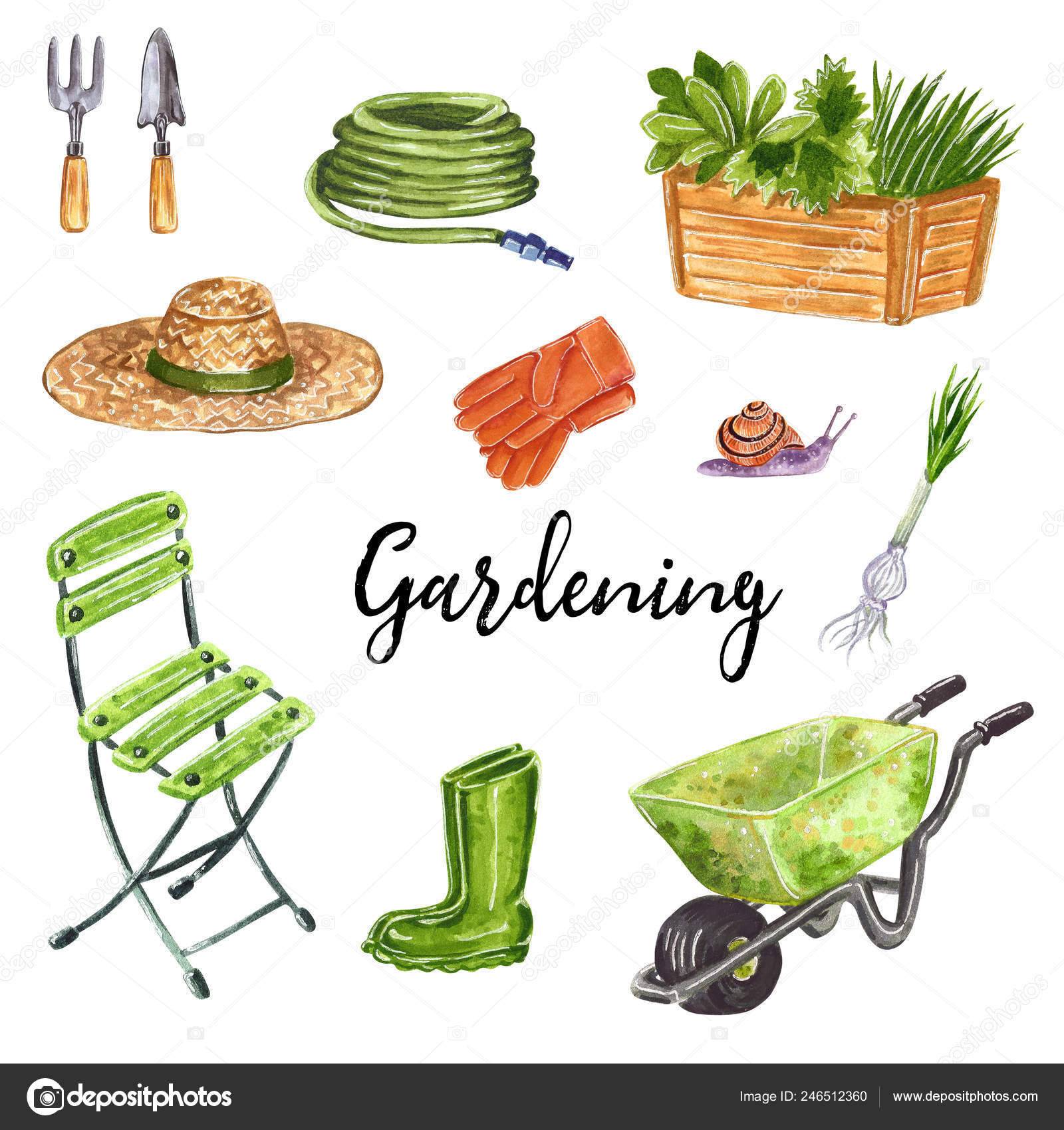 Gardening Tools Clip Art Set Hand Drawn Watercolor Illustration ...