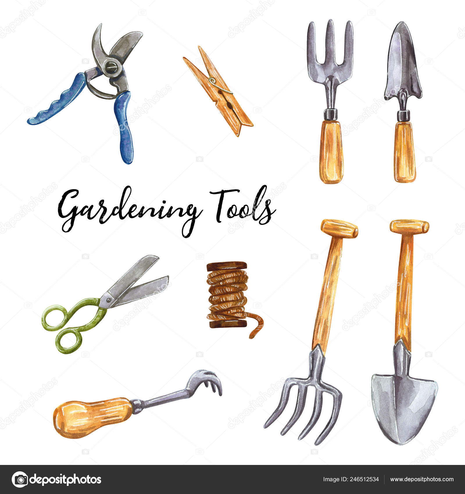 Gardening Tools Clip Art Set Hand Drawn Watercolor Illustration ...