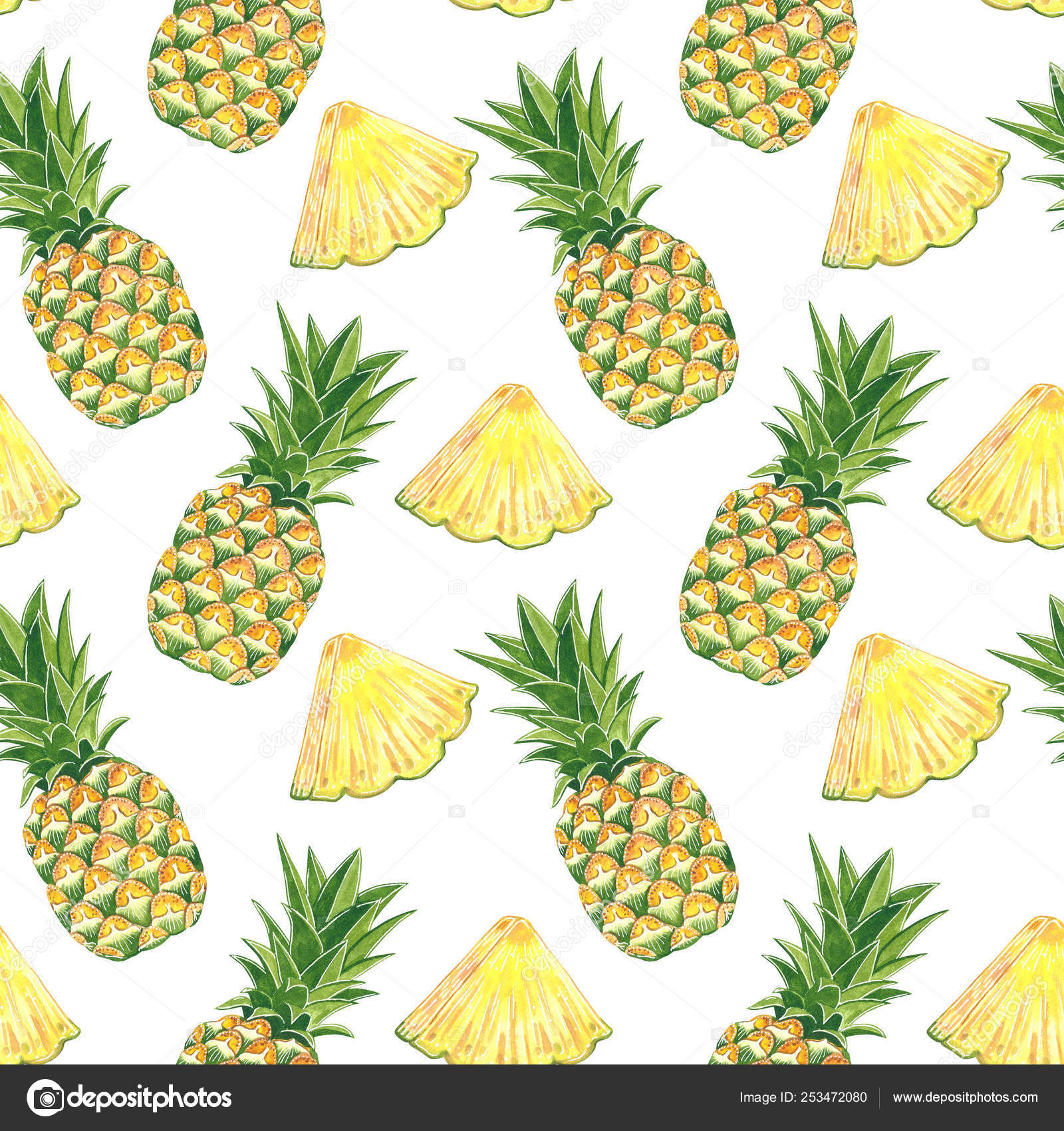 Pineapple Seamless Pattern Hand Drawn Botanical Illustration Isolated ...
