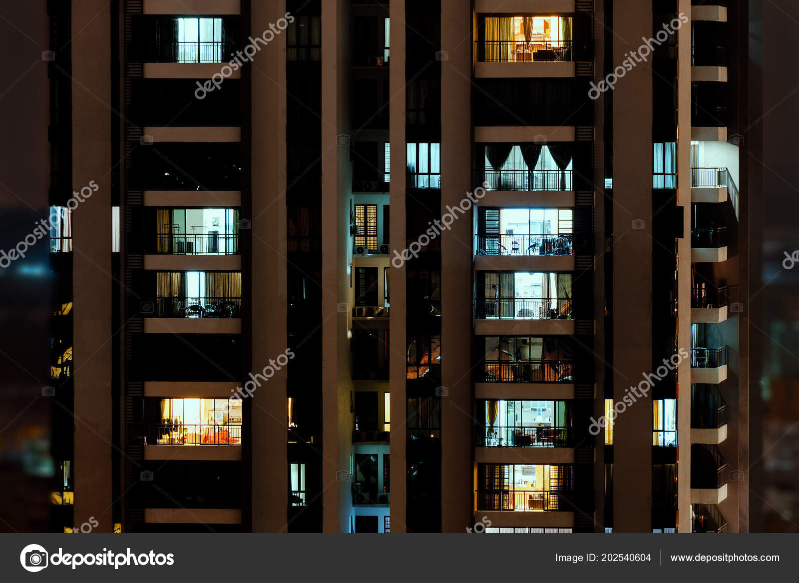 Night Scene Big City Front View High Rise Building Windows — Stock ...