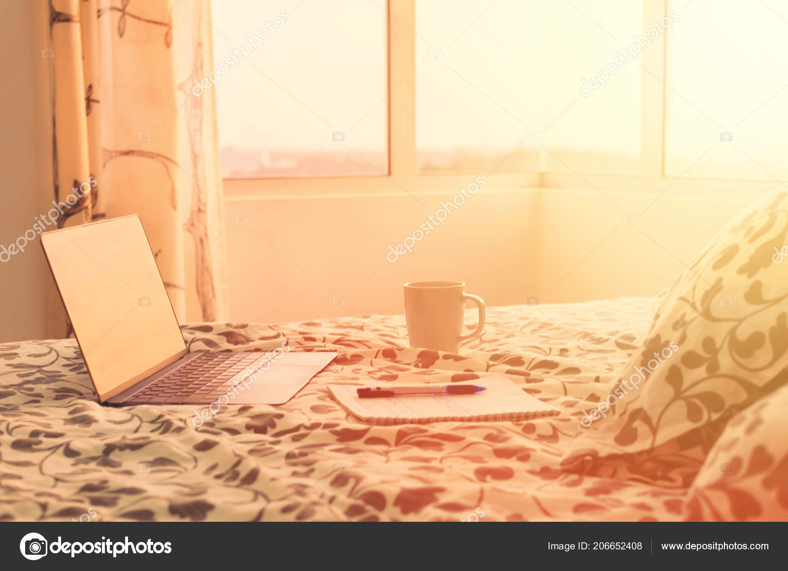 Sunny Morning Modern Apartment Open Laptop Bed Window Next Cup — Stock ...