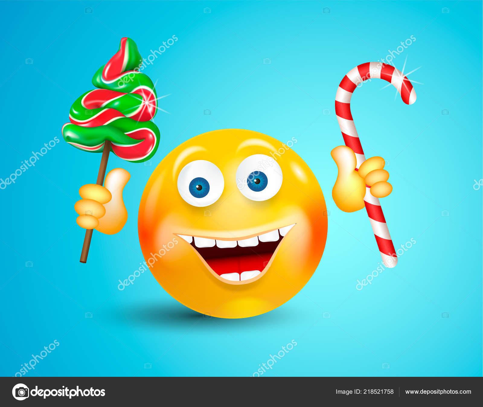 Happy Smiling Face Holding Christmas Candies Fir Tree Cane Bright Stock ...