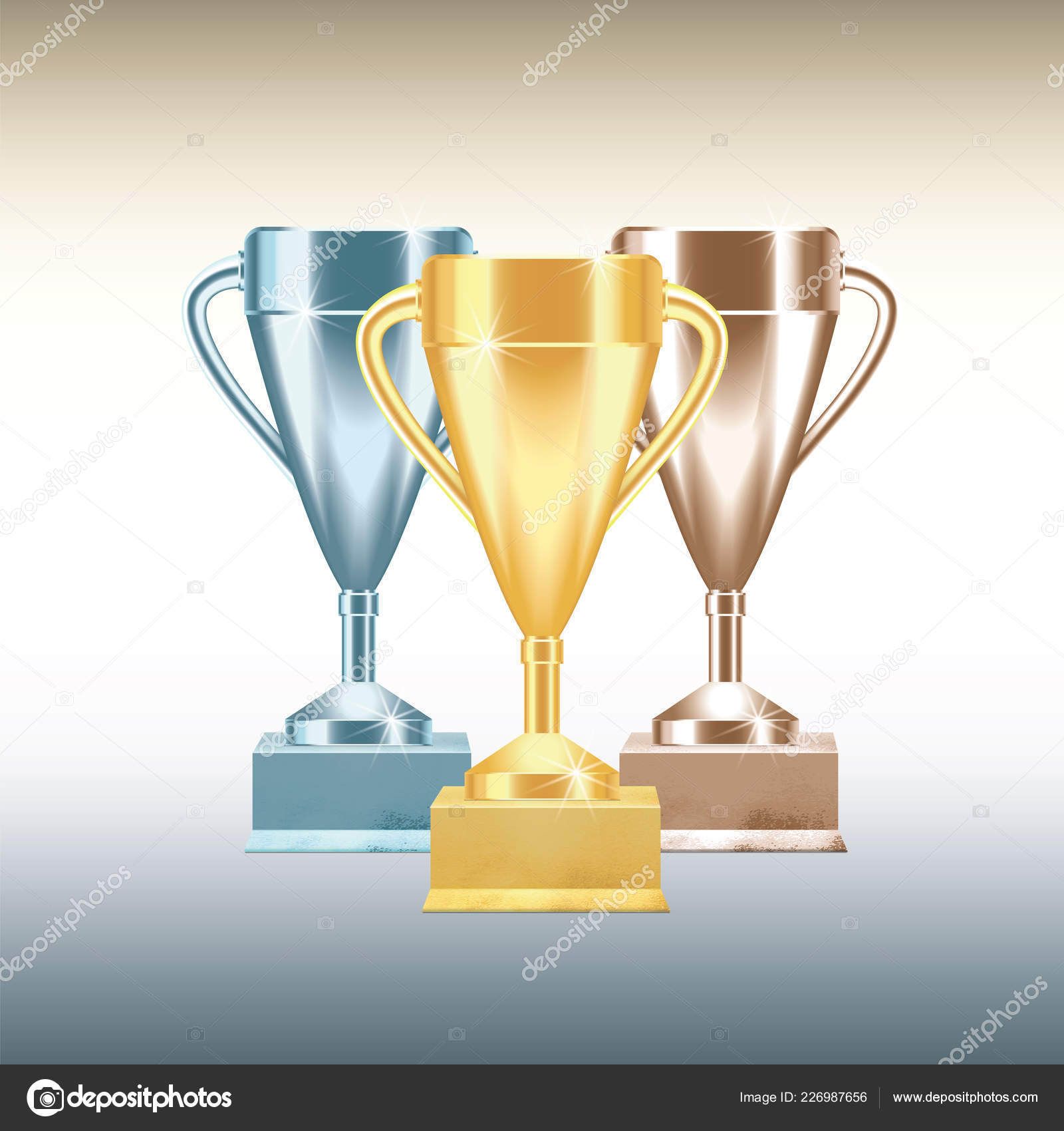 Set of golden, bronze and silver Trophy cups or goblets isolated on white background with ...
