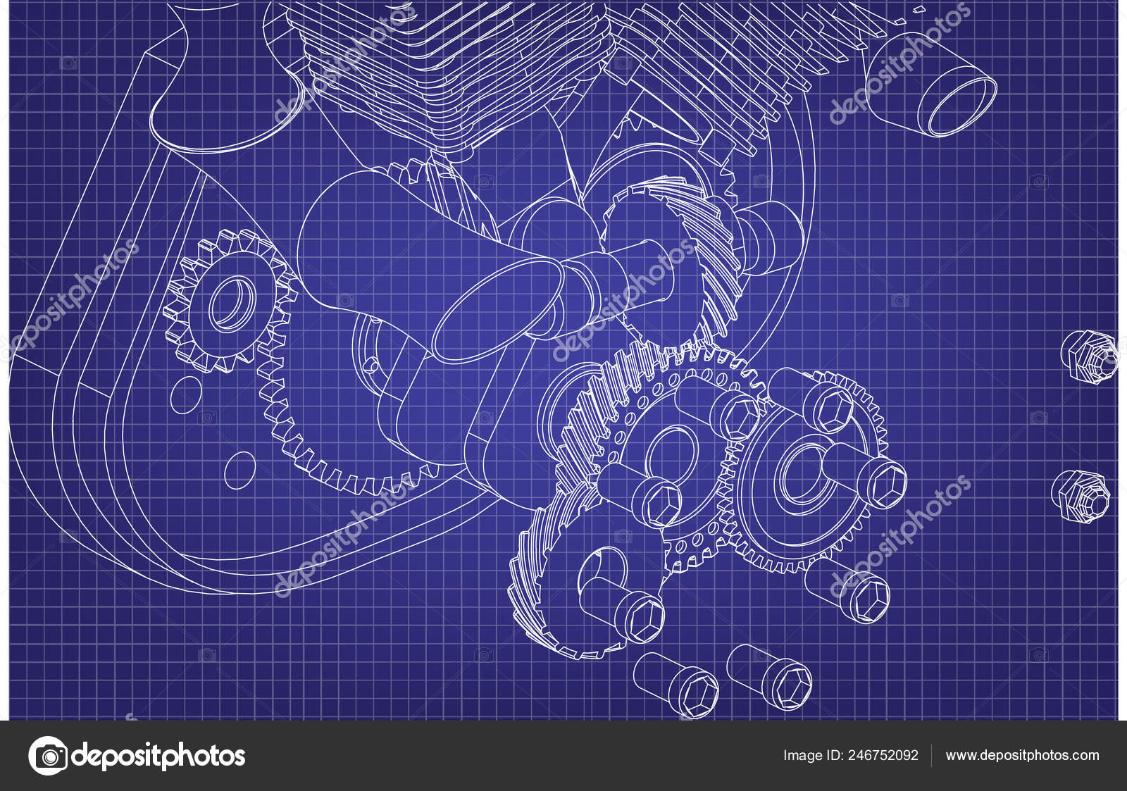 Disassembled Motorcycle Engine Blue Background Drawing — Stock Vector ...