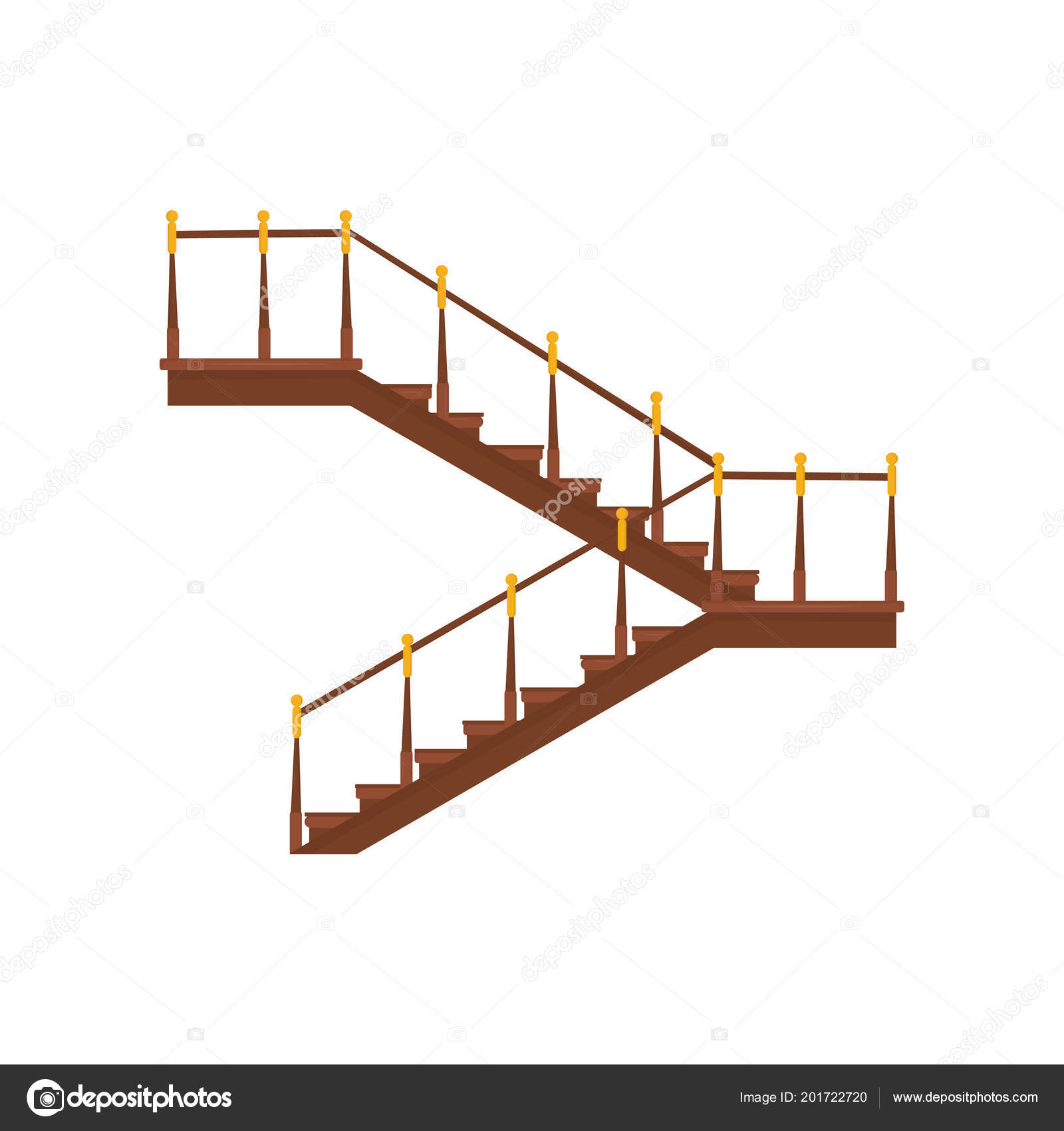 Wooden interior staircases with handrails. Half-pace stairs with golden ... Wooden interior staircases with handrails. Half-pace stairs with golden ...