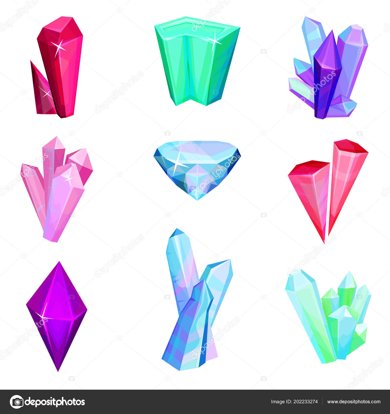 Mineral crystalic precious stones set, colorful crystal gems vector ...