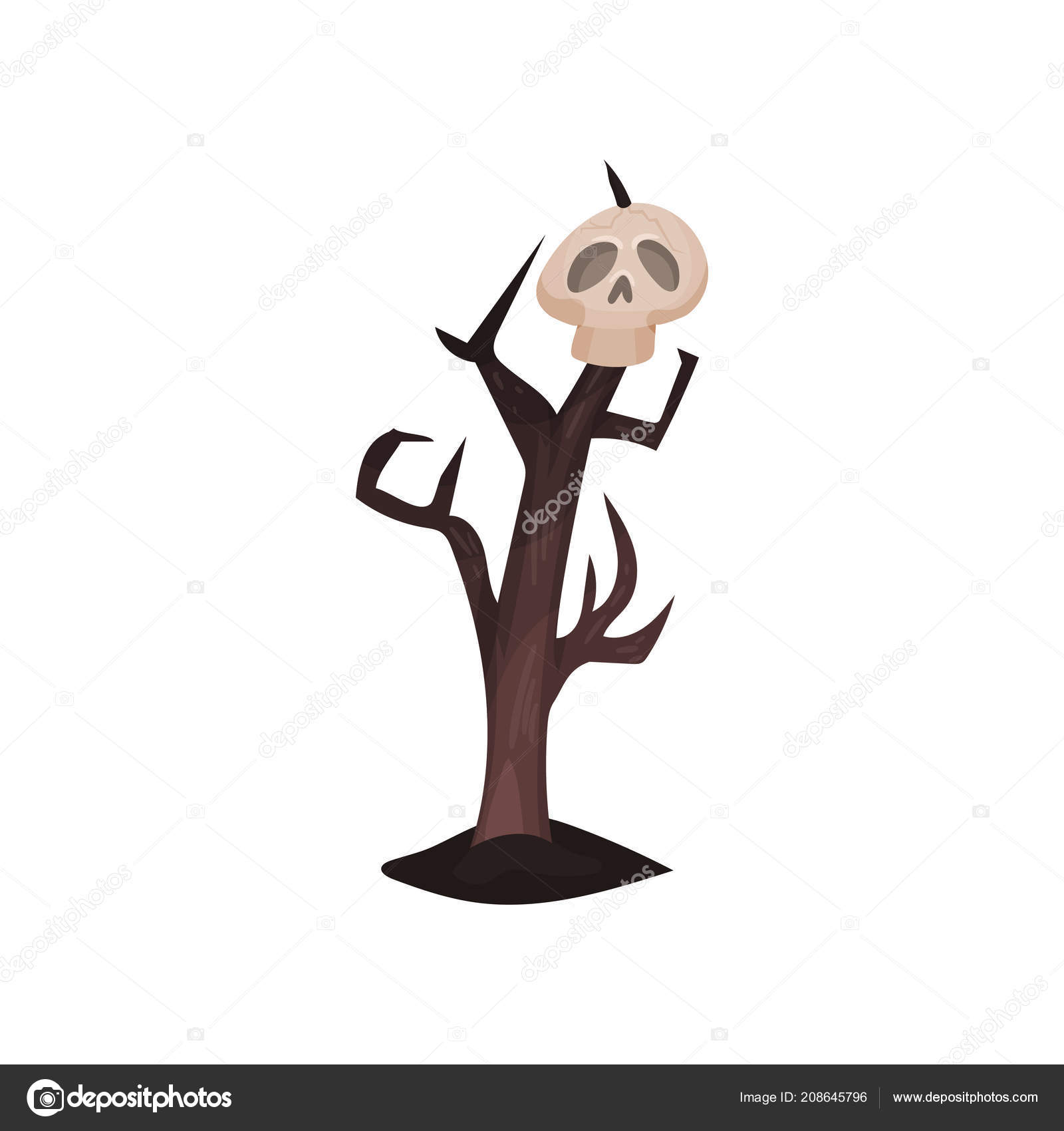 Old brown tree with human skull on branch. Natural landscape element ...