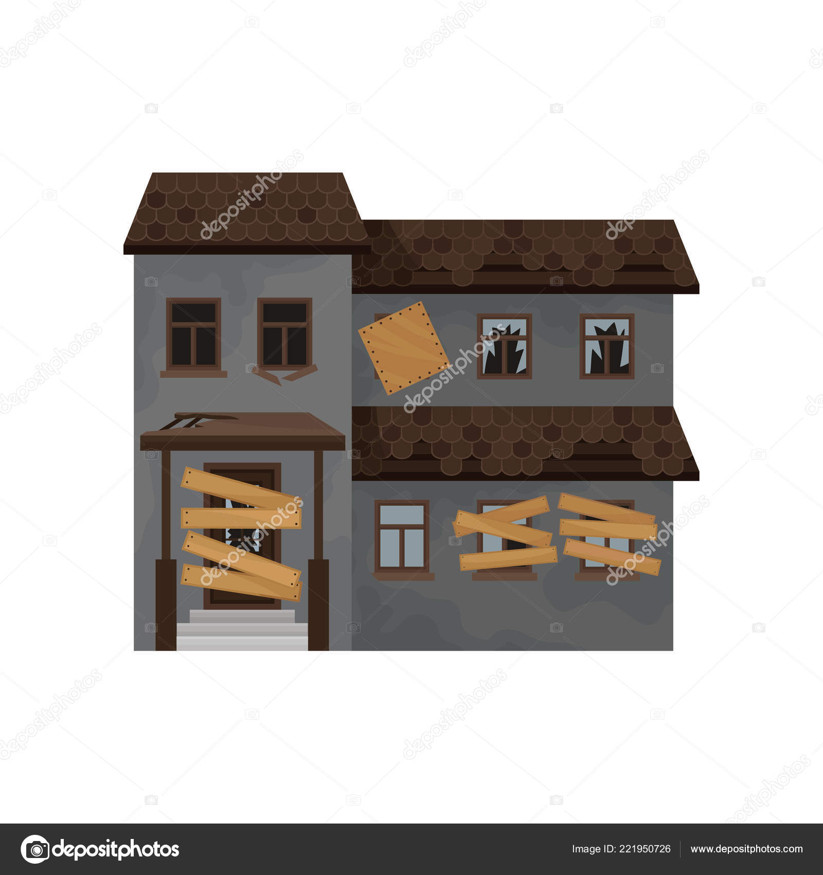 Big house with destroyed roof, boarded-up windows and door. Abandoned building. Facade of old ...