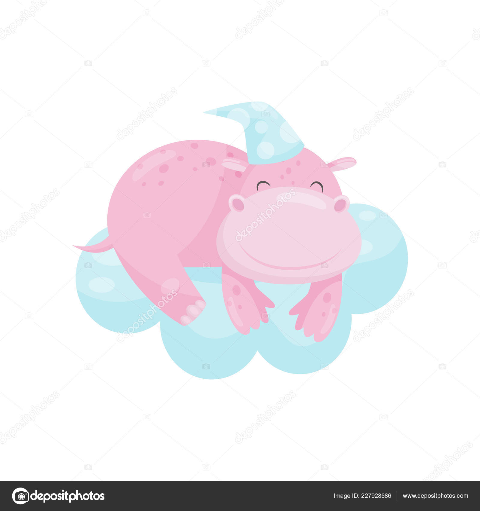 Cute little hippo sleeping on a cloud, lovely animal cartoon character ...
