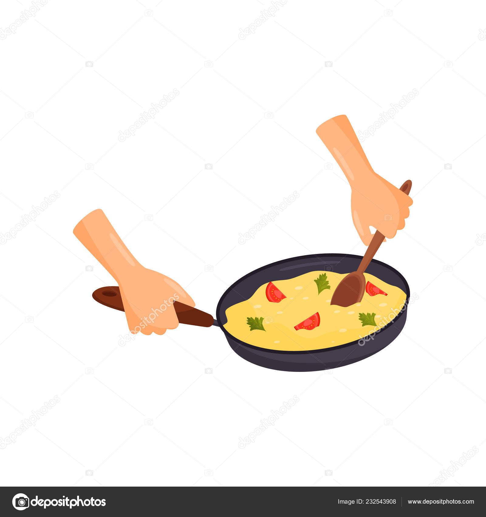 Human hands holding pan with a delicious dish, cooking process vector ...