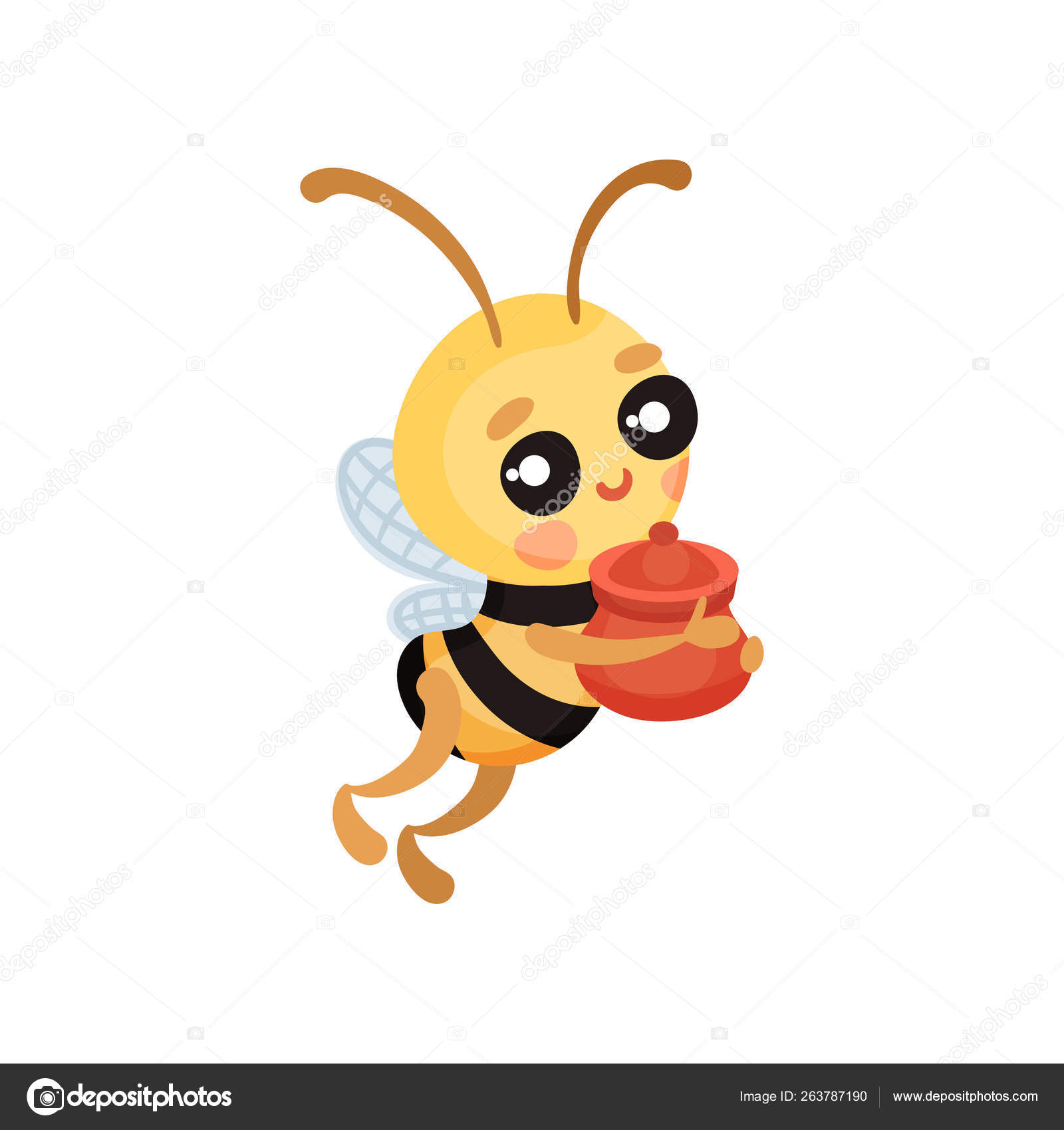 Cartoon humanized bee bears a pot of honey. Vector illustration. Stock ...