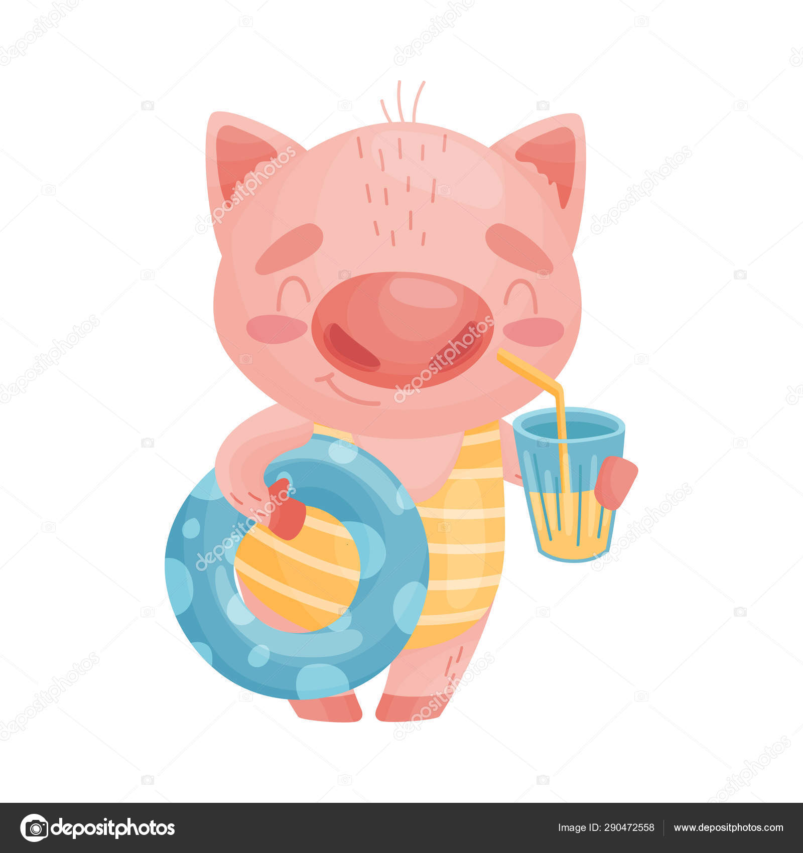 Humanized pig with a cocktail and a rubber ring. Vector illustration on ...