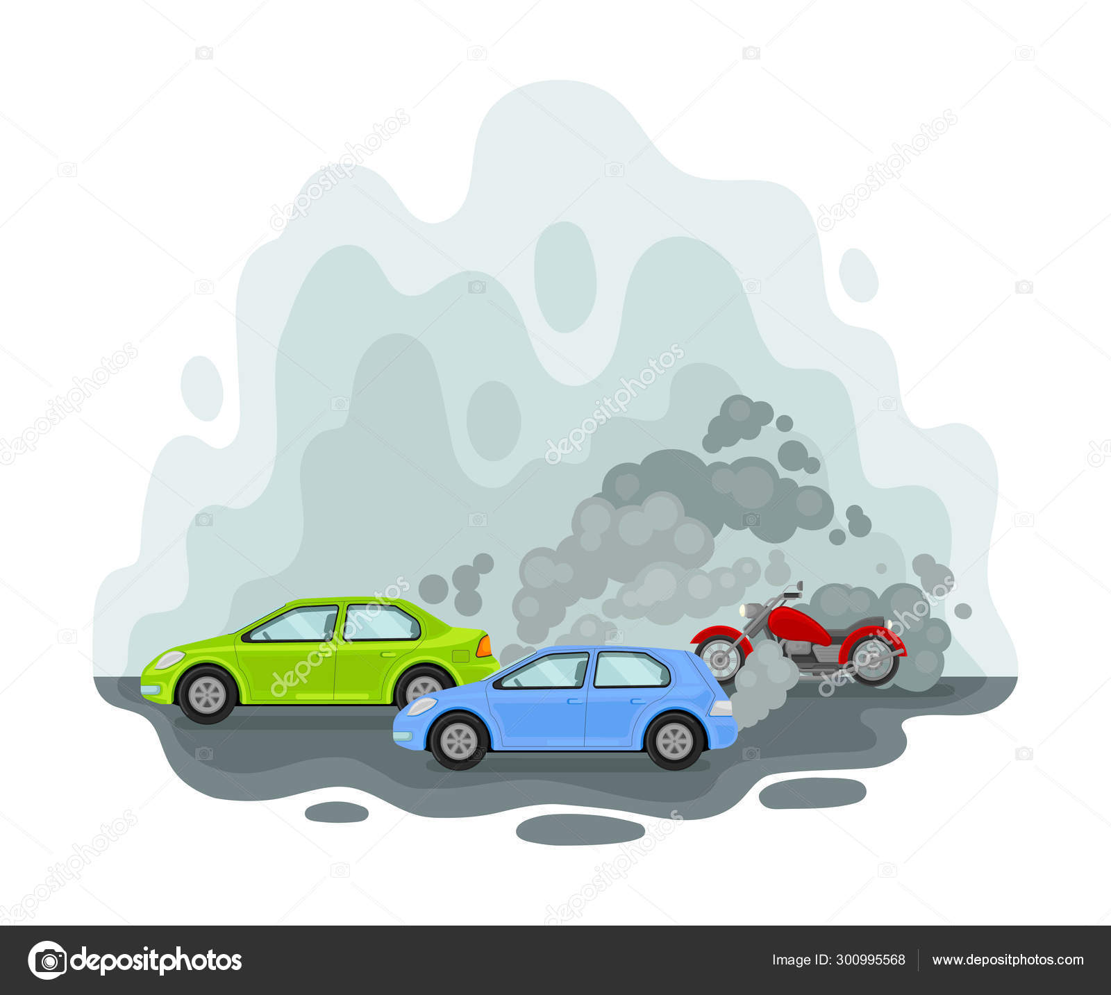 Car among the exhaust. Vector illustration on a white background. Stock ...